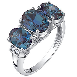 PEORA Created Alexandrite and Genuine Diamond Three Stone Triune Ring for Women 14K White Gold, 2.75 Carats total Oval Shape 7x5mm, Size 6