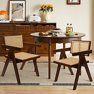 CLATINA Rattan Reading Chair for Bedroom Comfy Indoor Kitchen Dining Chair with Rattan Backrest Armrest Morden Upholstered Seat Wood Chair for Home Living Room Farmhouse Restaurant(1PK)