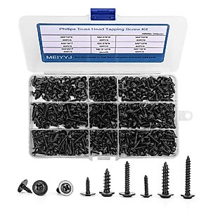 MEIYYJ 540pcs M2.3 M2.6 M3 Phillips Truss Head Tapping Screw Wafer Head with Washer, Self Tapping Screw Assortment Kit, Black Carbon Steel.