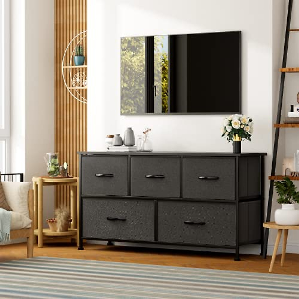 JUMMICO Fabric Dresser for Bedroom, Tall Wide Dresser with 5 Drawers, Storage Tower with Fabric Bins, Dresser Fabric Box Steel Frame, Wood Top Drawer Chest TV Stand for Closet, Living Room (Black)