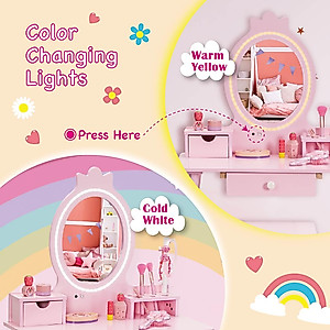 OHKIDS Vanity Set with Table & Stool, Wooden Princess Vanity w/Lights & Mirror, 2-in-1 Kids Makeup Table, Dressing Desk, Large Drawer, Storage Box, Jewelry Rack, Chair, Little Girls Pretend Play Set