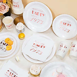 Crisky Rose Gold Tableware Set for Women 50th Birthday Party Decorations Supplies, Party 1974 Set of 24 (9" & 7" Plates, Luncheon Napkin, 9oz Cups, 106"×54" Tablecloth, Knife & Fork)