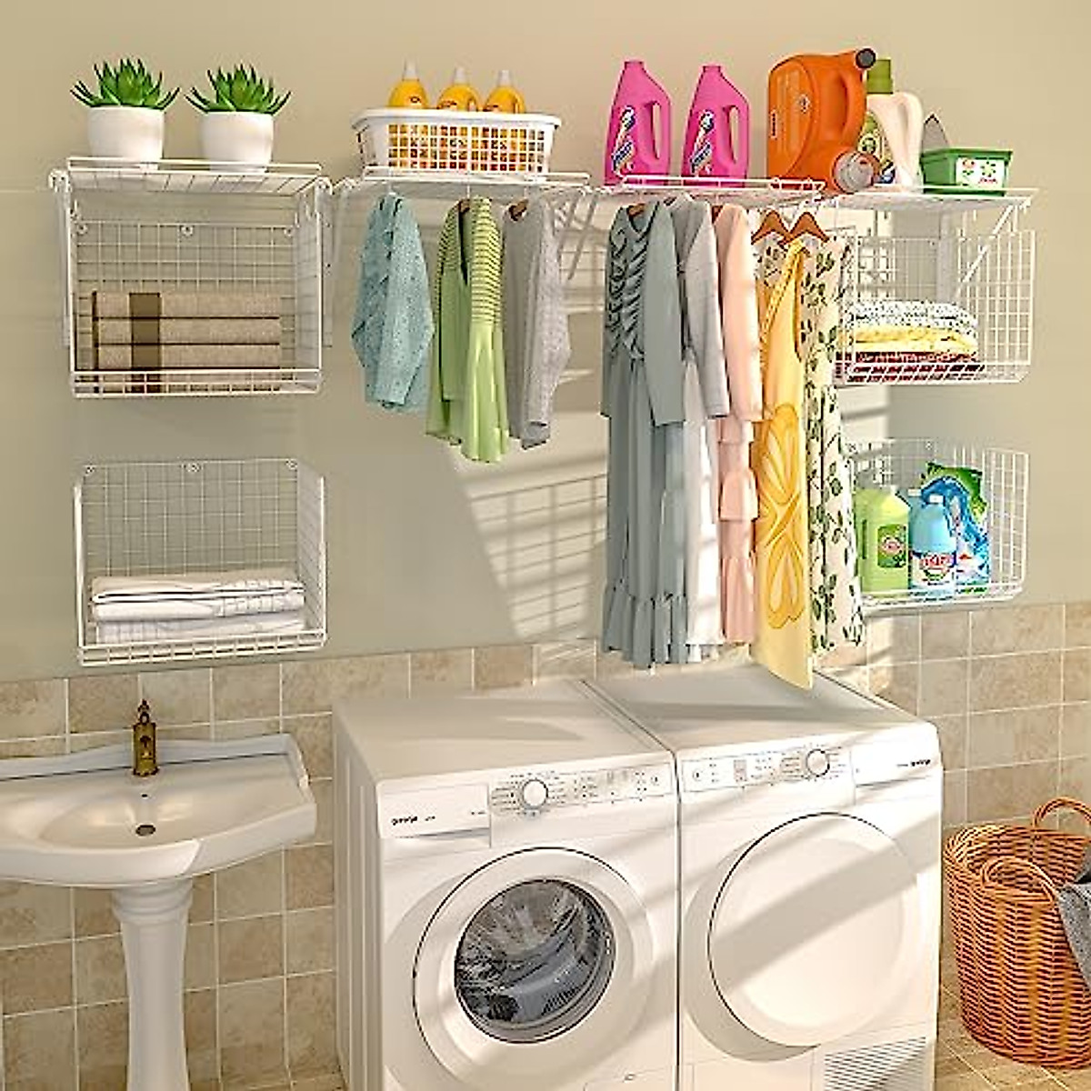 2 Pack Laundry Room Shelves Wall Mounted with Wire Baskets, Over the Washer and Dryer Shelf with Clothes Drying Rack, 8 Hooks，Wire Shelves Baskets for Laundry Closet Organization and Storage, White