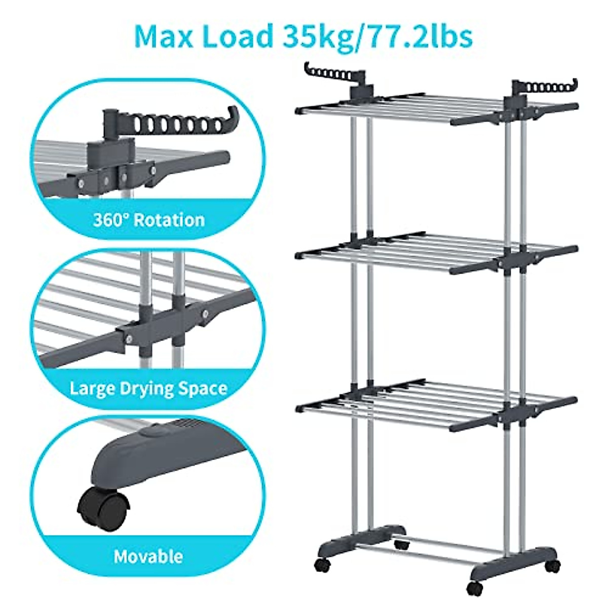 LEOSINYIN Clothes Drying Rack Folding Indoor, Drying Rack Clothing Foldable 4 Tier Laundry Racks for Drying Clothes, Stainless Steel Laundry Drying Rack with 4 Wheels (Gray)