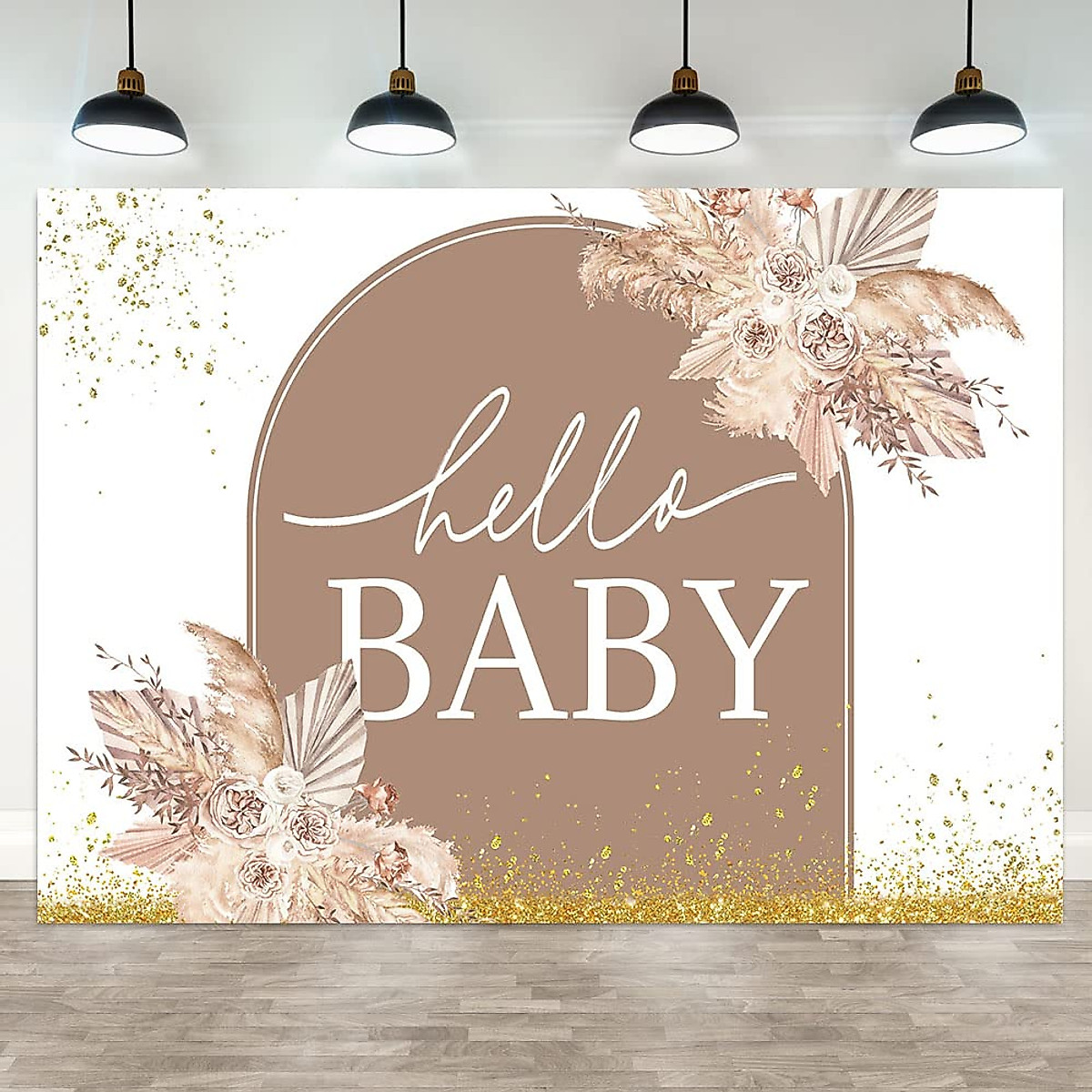 Hilioens 7×5ft Boho Baby Shower Backdrop Hello Baby Boho Pampas Floral Girl Baby Shower Background Oh Baby Gold Dots Newborn Pregnant Announcemen Surprise Party Banner Decorations Supplies