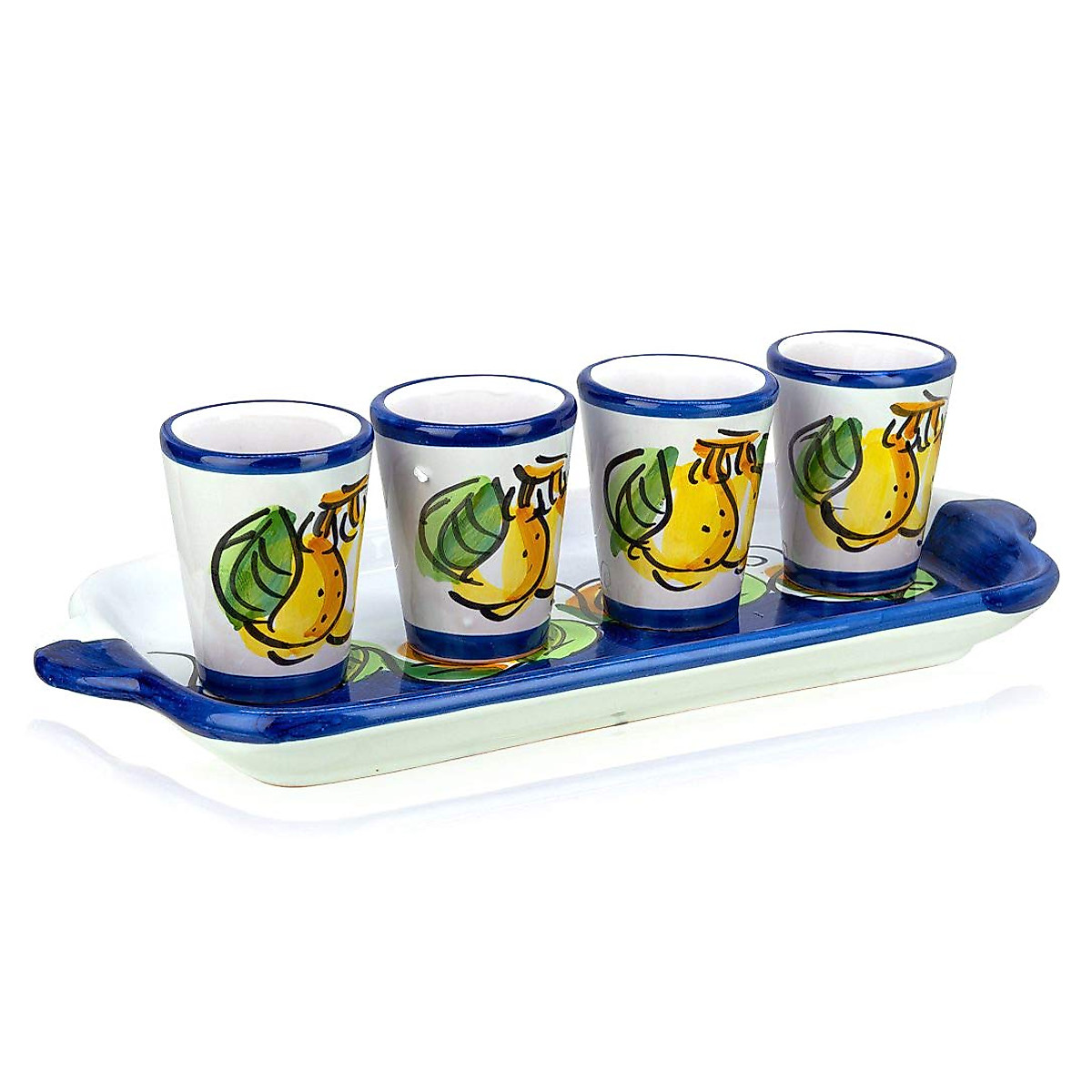 PDTXCLS HEIQI Dolceterra Limoncello Ceramic Glasses and Ceramic Tray, Hand-Painted Set of 4
