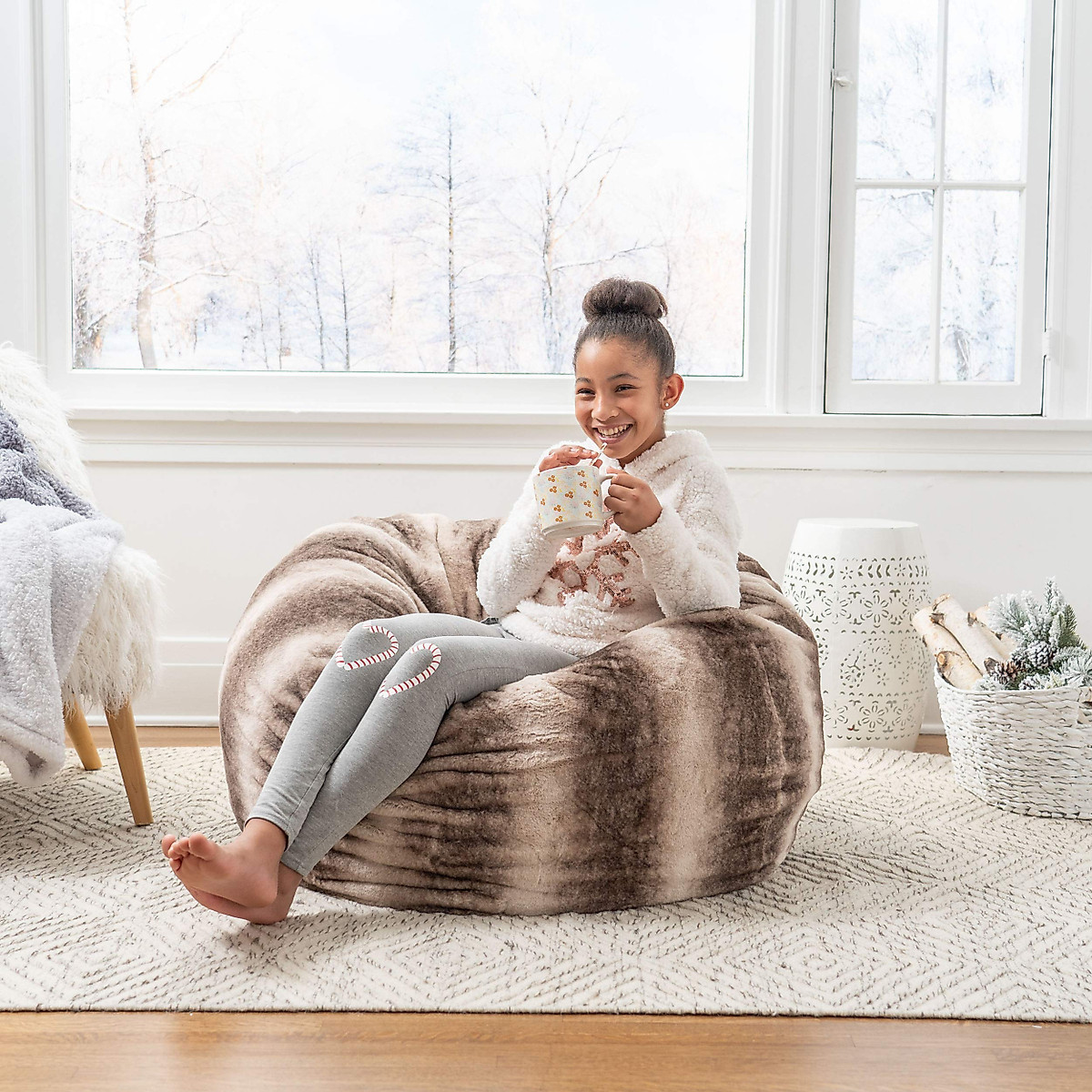 Christopher Knight Home Heavy Metal Inc Meridian Bean Bag Plush Faux Fur Chair | Comfortable and Fun Beanbag for The Whole Family| Non-Spill Memory Foam Filling (Oak Brown Stripes), Small