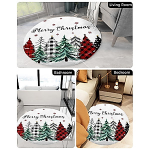 Buffalo Plaid Tree Fluffy Round Area Rug Carpets 3.3ft, Plush Shaggy Carpet Soft Circular Rugs, Non-Slip Fuzzy Accent Floor Mat for Living Room Bedroom Nursery Decor Christmas Red Green Black Dots