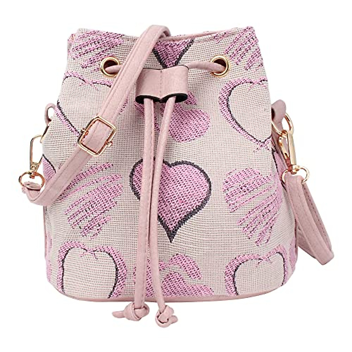 ZLM BAG US Women Girls Faux Leather Drawstring Bucket Bag Pink Heart Print Hobo Shoulder Purse Mini Crossbody Bag