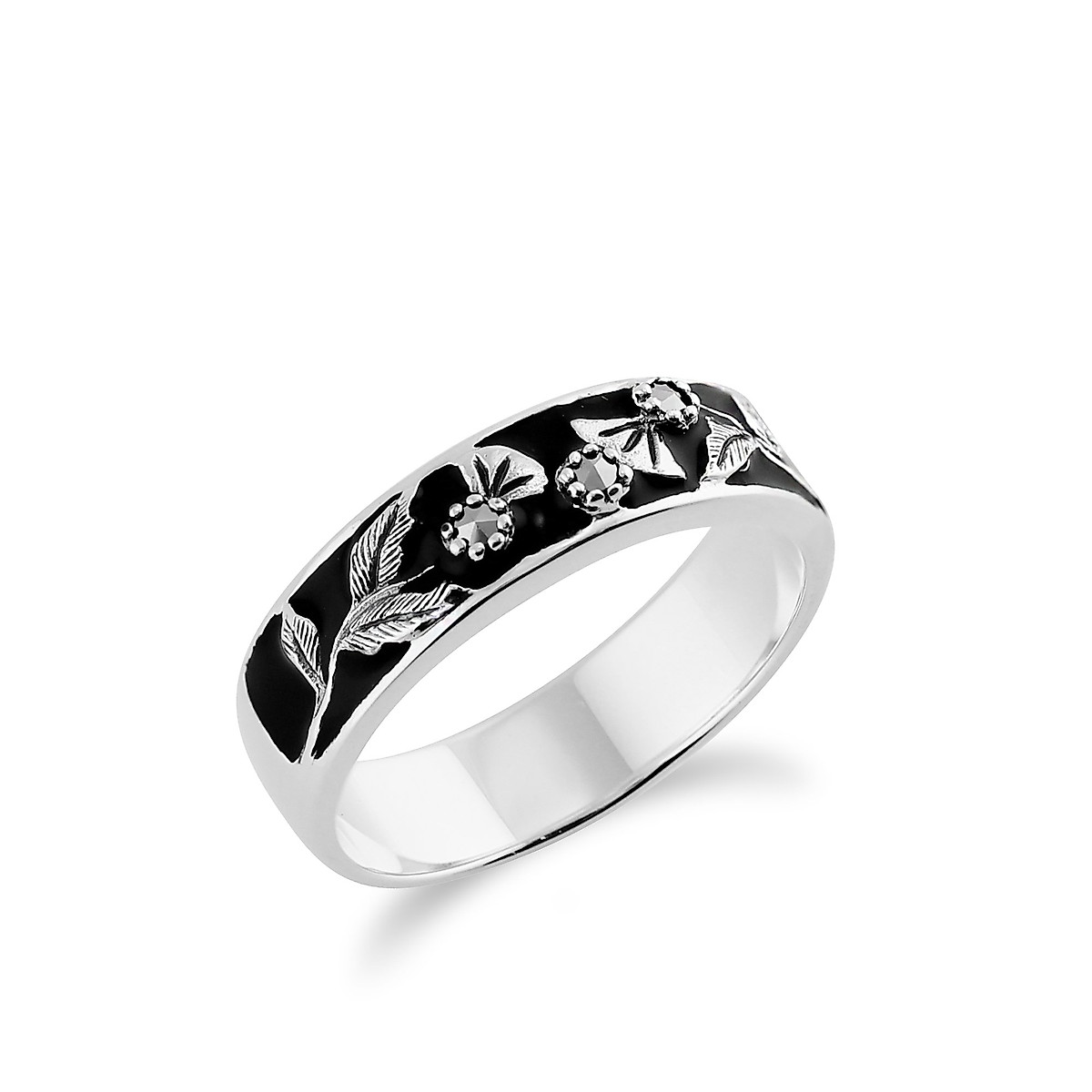 925 Sterling Silver Marcasite & Black Enamel Floral Band Ring