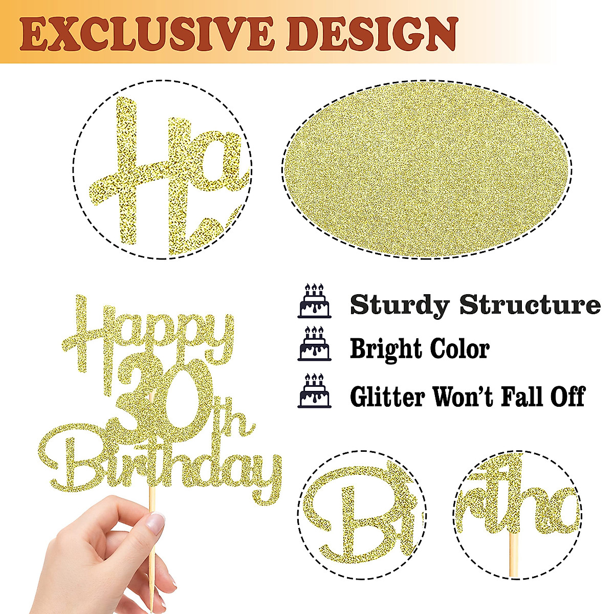 Sotpot Happy 30th Birthday Cake Topper Gold Glitter 30th Cake Toppers 30 Birthday Cake Decorations Cheers to 30 Fabulous Party Cake Picks - 1 Pack