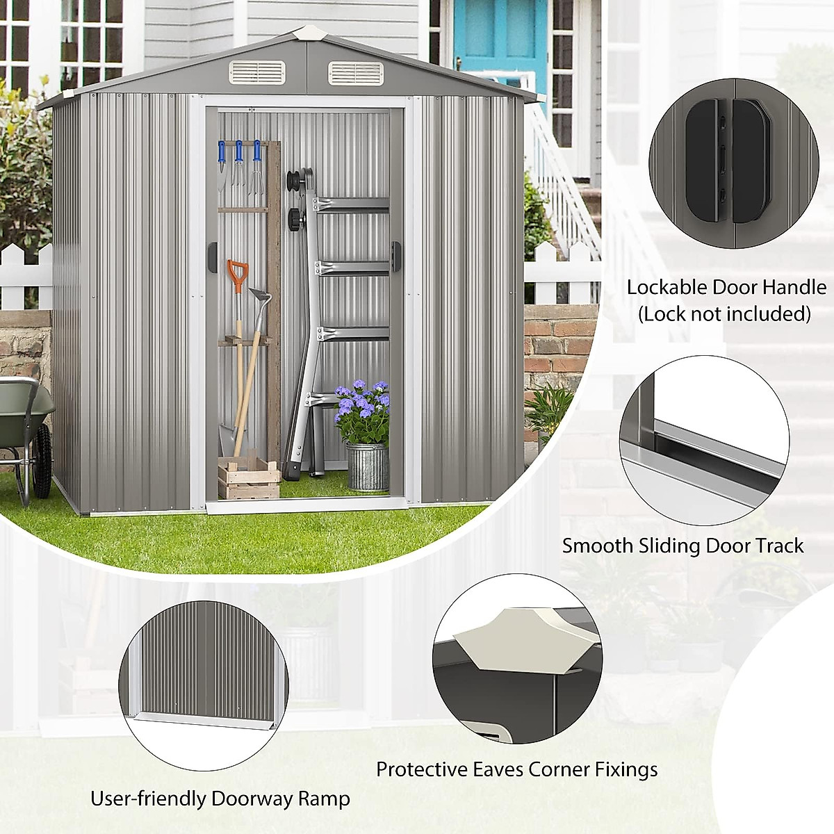 HAPPYGRILL 6' x 4' Outdoor Metal Storage Shed, Galvanized Steel Shed with Tilted Roof, Lockable Sliding Doors & 4 Air Vents, Utility Shed for Backyard Garden Patio Lawn