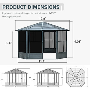 Domi 13x13FT Sunroom, Octagonal Solarium Aluminum Hardtop Gazebo with Galvanized Steel Roof, Detachable PE Screen, Sliding Door, Sun Room Pavilion Gazebo for Deck Backyard Garden