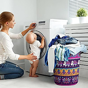 Paisley Hamsa and Indian Elephant Large Laundry Basket Hamper Bag Washing with Handles for College Dorm Portable