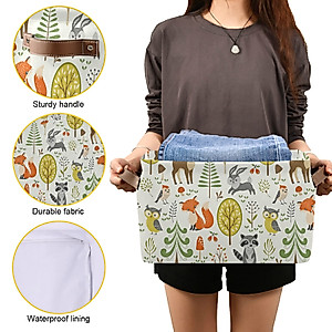 Foldable Storage Basket, Cube Organizer Bins Cute Woodland Animals Trees Mushrooms and Berries Cube Bag Dual Handles for Closet Shelf