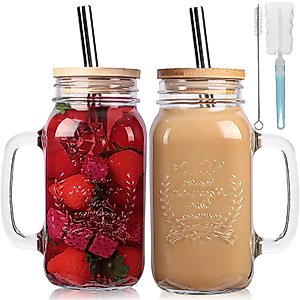 Yirilan 2 Pack 24Oz Mason jar cups with lids and straws, Mason Jars with Handle, Mason Jar Drinking Glasses with Lid and Straw, Mason Jar Mugs