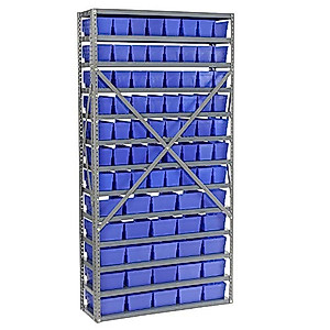 Global Industrial 13 Shelf Steel Shelving with (81) 4" H Plastic Shelf Bins, Blue, 36x12x72