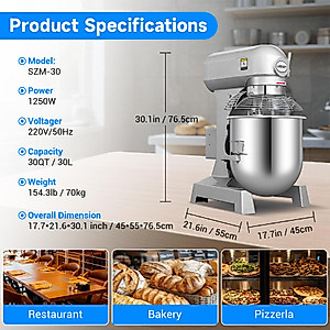 Ekway 30Qt Commercial Food Mixer, 1250W Commercial Mixer 3-Speeds Adjustable，Electric Heavy Duty Stand Mixer with Stainless Steel Bowl for Kitchenaid Bakery and Pizzeria