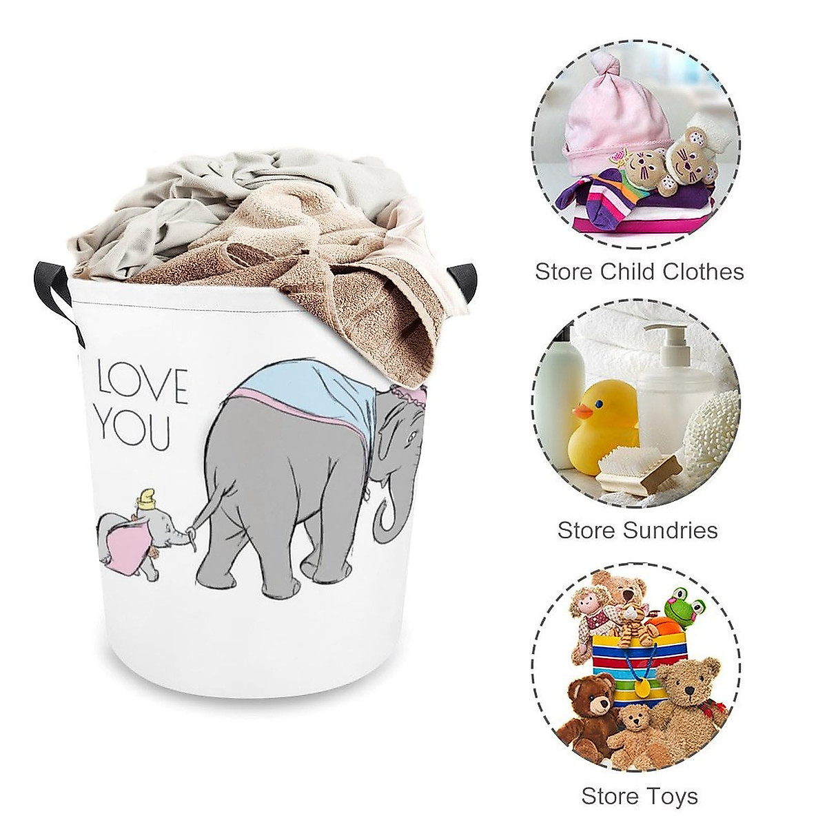 Dumbo Following His Mom Laundry Basket Large Round Canvas Laundry Hamper with Handles Foldable Storage Bin for Dirty Clothes Hamper Bedroom Bathroom