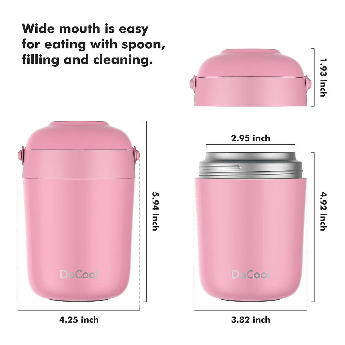 DaCool Food Thermos for Kids With Handle 16 Ounce Insulated Lunch Containers Leakproof Thermos for Food Lunch Soup Vacuum Stainless Steel With Folding Spoon Lunch Box for Kids School Outdoors Pink