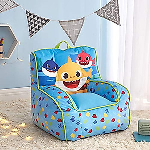 Idea Nuova Baby Shark Kids Mink Plush Bean Bag Chair with Piping & Top Carry Handle, Large
