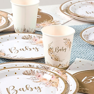 Boho Baby Shower Decorations Plates and Napkins Tableware for 24 Guests, Pampas Grass Floral Paper Plates Cups Design for Neutral Baby Shower Girl Boy Boho Party Supplies