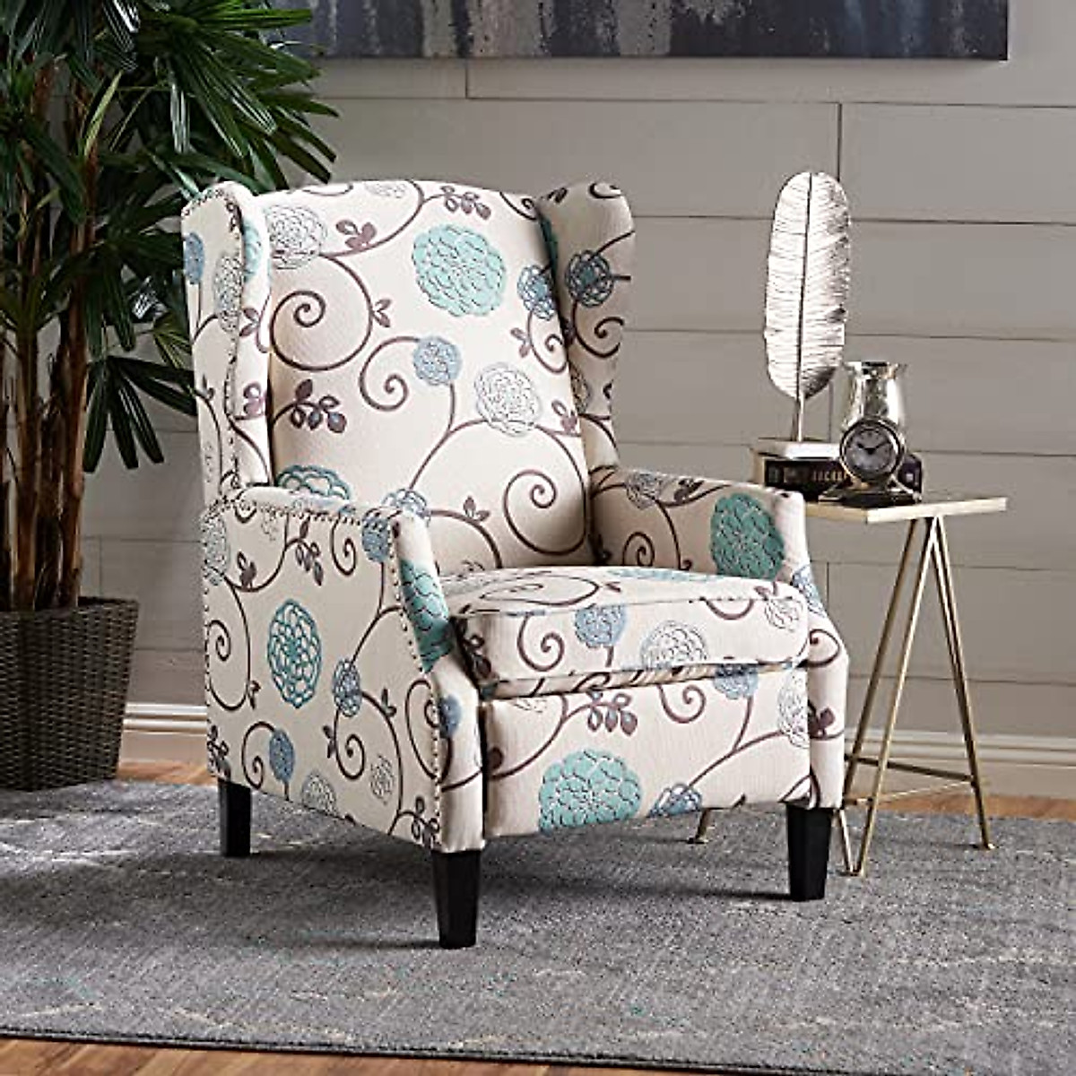 Christopher Knight Home Westeros Traditional Wingback Fabric Recliner Chair (White & Blue Floral) and Ippolito Fabric Pillows, 2-Pcs Set, White and Blue Floral
