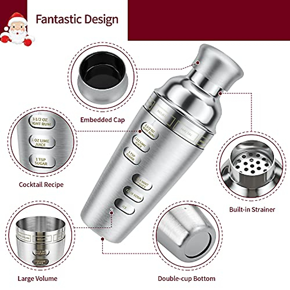 Cocktail Shaker Martini Shaker Set with Recipe, 24 oz Martini Shaker Drink Shaker Drink Mixer Stainless Steel Cocktail Shaker Set Bartender Kit