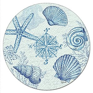 CounterArt Coastal Sketch 4mm Heat Tolerant Tempered Glass Lazy Susan Turntable 13" Diameter Cake Plate Condiment Caddy Pizza Server