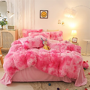 chovy Faux Fur Tie-Dyed Pink White Red Colorful Comforter Cover Duvet Cover Queen - 3PC Bed Set Ultra Soft Plush Flannel Velvet Fluffy Fuzzy Bedding（Duvet Cover x 1 Pillowcases x 2