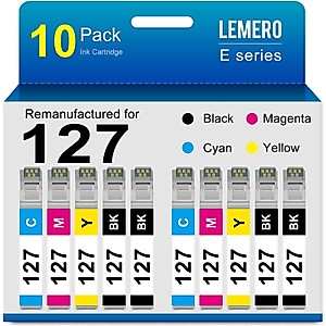 LEMERO Remanufactured Ink Cartridge Replacement for Epson 127 T127 Ink Cartridges for WF-3520 WF-3540 Workforce 845 645 840 635 Printer ( 4 Black, 2 Cyan, 2 Magenta, 2 Yellow, 10 Pack)
