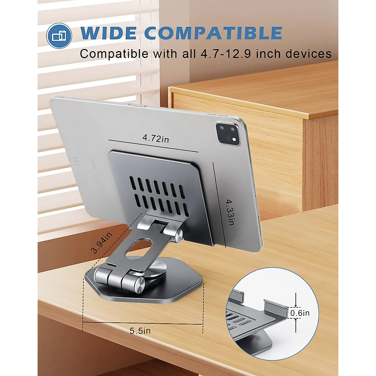 SOJUNER Tablet Stand Holder for Desk, Swivel iPad Stand with 360 Rotating Base, Aluminum Foldable Desktop Stand Holder Compatible with All Tablet Such as iPad Pro 12.9,11,10.5,9.7, Grey