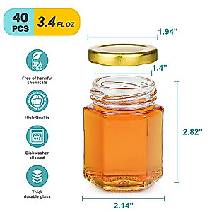 40 Pack Small Glass Honey Jars with Lids for Wedding Favor, Baby Showers, 3 Oz Airtight Glass Canning Jars with Lids, Hexagonal Glass Jars for Spice, Candy, Jam, Waterproof Stickers