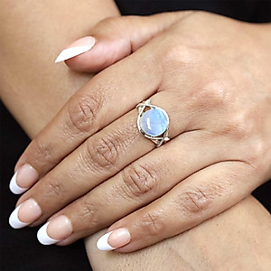 JEWELOPORIUM 925 Silver Ring for Women Size 8 White Real Rainbow Moonstone Stone Solitaire Silver Ring Christmas - Gift Costume Jewelry