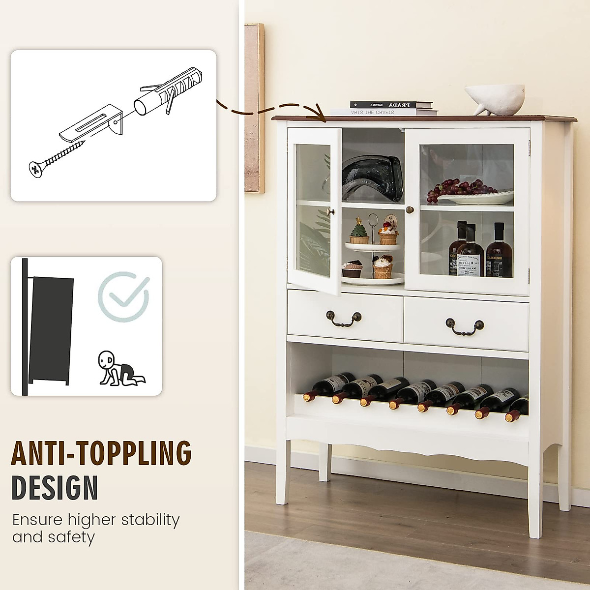 Giantex Wine Cabinet with Storage, Standing Buffet Sideboard with 2 Drawers, 2 Tempered Glass Doors, Open Wine Rack, Anti-toppling Assembly, Coffee Bar Station for Living Room, White & Vermilion