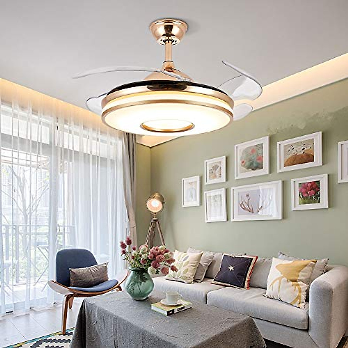 42 Inch Modern Golden Ceiling Fan with Light and Remote Control Bluetooth Music Playback Function 3 Colors 3 Speed Smart Ceiling Fan Light Kit LED Chandelier Ceiling Fan for Living Room Bedroom (Wave)