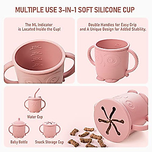 Baby Weaning Set, Silicone Baby Feeding Set(10 Pcs), Toddler Weaning Set with Adjustable Bib, Suction Bowl, Plate, Fork, Spoon, Water & Snack Cup Kit for Babies, Toddler and Kids(Pink)