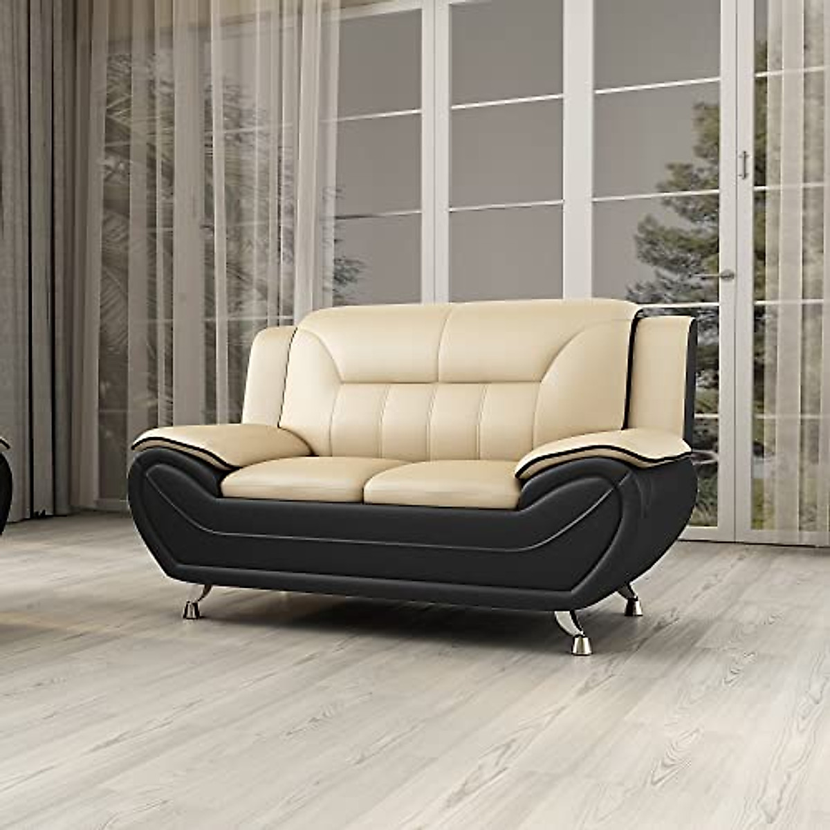 Container Furniture Direct Michael Modern Faux Leather Upholstered Stainless Steel Legs Living Room Loveseat, Camel/Black