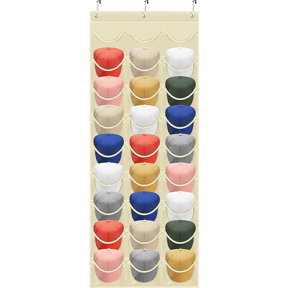 Hat Rack for Baseball Caps 27 Pockets Hat Organizer Hanging Over The Door Hat Storage Organizer for Closet Wall With Clear Pockets & 3 Hooks Caps Hat Holder Hanger for Baseball & Sport Caps,Cowboy Hat