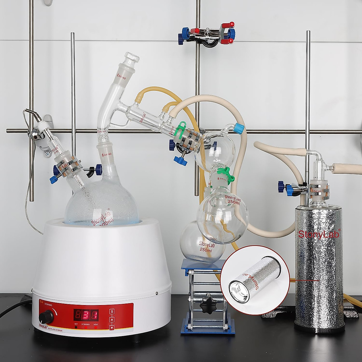 stonylab Dewar Flask, Cylindrical Form Borosilicate Glass Dewar Flask with Aluminum Base, 210mm Interior Depth and 70mm Interior Diameter for Laboratory, 665ml