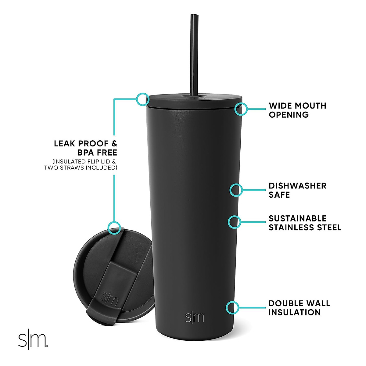 Simple Modern Insulated Tumbler with Lid and Straw | Iced Coffee Cup Reusable Stainless Steel Water Bottle Travel Mug | Spring Break Gifts For Her & Him | Classic Collection | 24oz | Midnight Black