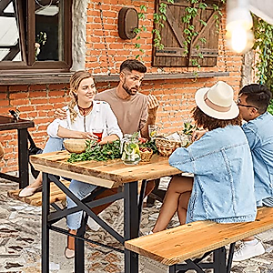 Rainfally 70” 3-Piece Portable Folding Picnic Table Bench Set, Portable Picnic Beer Table w/Wooden Tabletop, Outdoor Foldable Dining Table Set for Party, Picnic, Camping, Patio, Garden, Natural Brown