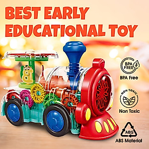Tooty Toy Transparent Train Toy - Fun and Interactive Electric Train Toy for Kids - Music Train with LED Light up - Colorful Moving Gears -Tummy Time Crawling Baby Toys for Boys Girls