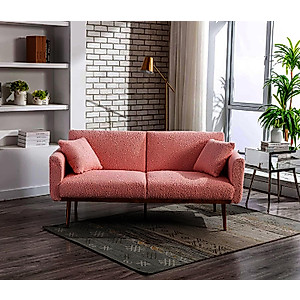 KINFFICT Convertible Upholstered Futon Sofa Bed, Loveseat with 5 Reclining Angles and 3 Pillows, Modern Living Room Sofa Couch, Dark Pink