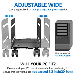 AGPTEK CPU Stand, Computer Tower Stand Adjustable Width from 4.7" to 8.2" with 2 Locking Wheels and 2 Caster Wheels, UPC Steel Rolling Stand Computer Stand for Desktop Tower (Black)