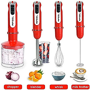 Immersion Hand Blender, Aifeel 5-in-1 Stick Blenderice blade,with Ice Crusher 500ml Food Grinder/Chopper, 600ml Container,Milk Frother,Egg Whisk,Puree Infant Food, Smoothies, Sauces and Soups(red)
