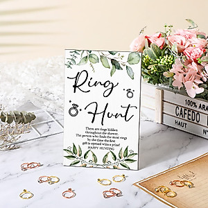 Bucherry Bridal Shower Games with Rings Funny Ring Hunt Games Sign Wooden Game Sign and 100 Mini Plastic Rings Fake Rings with Diamond for Bride Shower Game Wedding Winner Gifts Party Favors (Leaf)