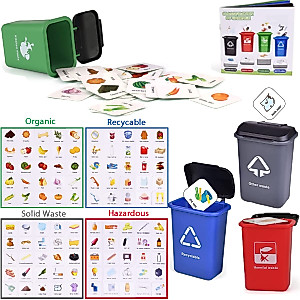 Liberty Imports Big Plastic Garbage Truck Toy, Waste Management Recycling Green Dump Vehicle with 4 Trash Cans and Recycle Sorting Cards for Little Kids, Toddlers
