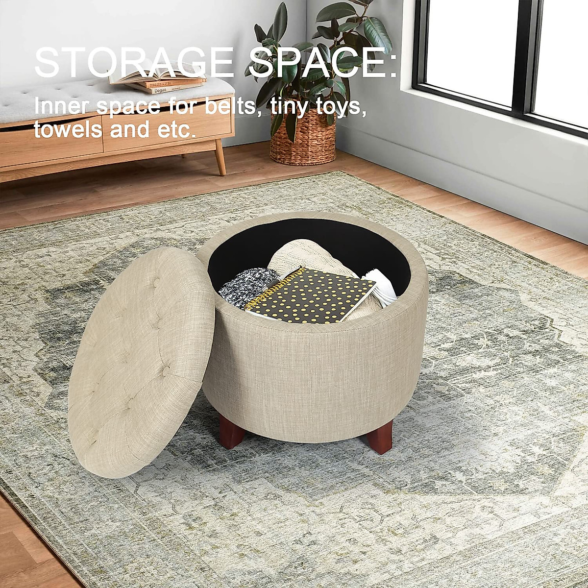 DECO DE VILLE Round Footstool Storage Ottoman, Cushion Button Tufted Linen Fabric Ottoman with Removable Lid, 20", Beige