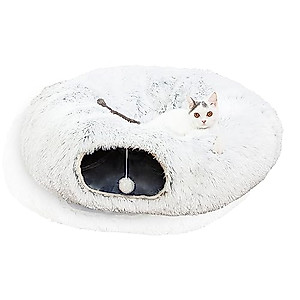 LUCKITTY Warm Fluffy Plush Cat Dog Tunnel Bed with Washable Cushion-Big Tube Playground Toys 3 FT Diameter Longer Crinkle Collapsible 3 Way, for Indoor Cat Kitty Kitten Puppy Rabbit Ferret White